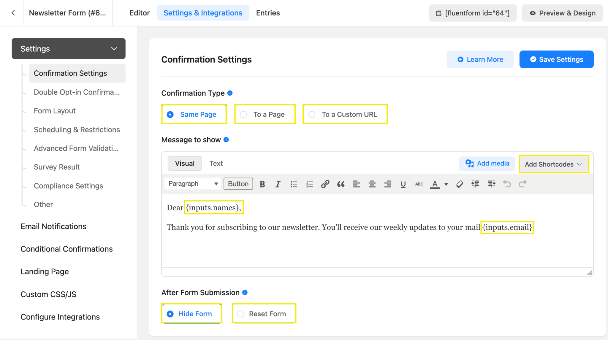 How to Show a Confirmation Message after Form Submission in WordPress Forms - Fluent Forms