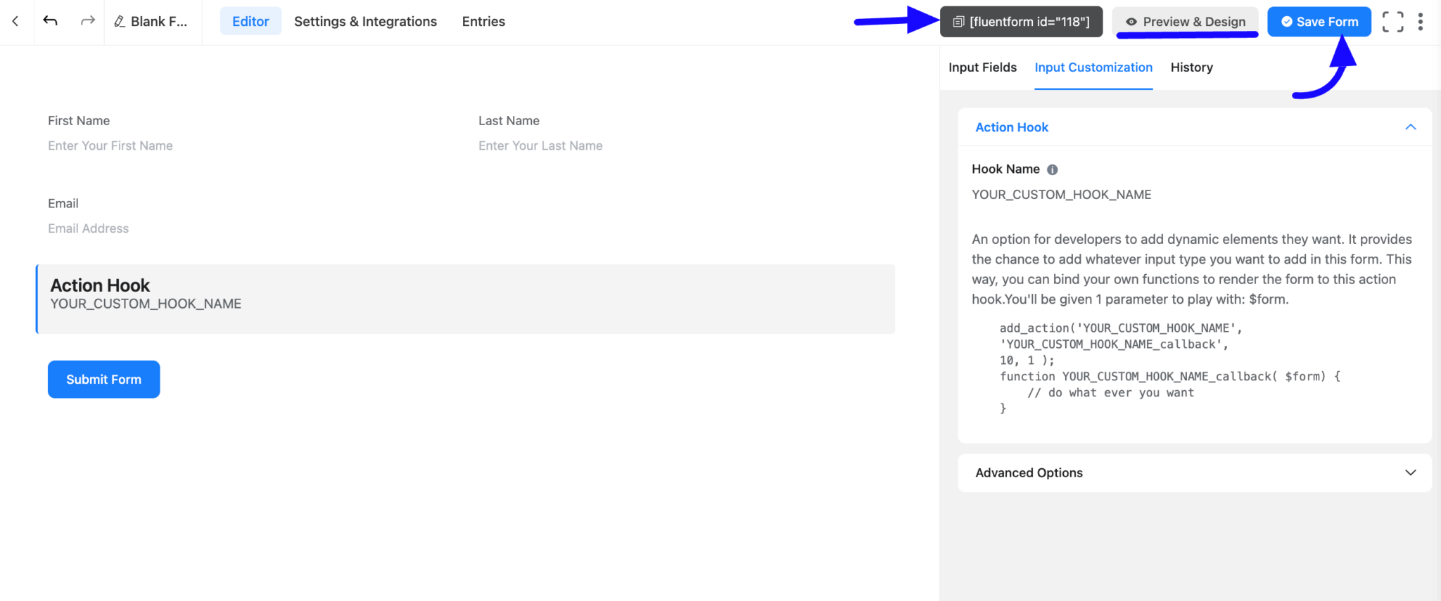 Action Hook Field in Fluent Forms - Fluent Forms