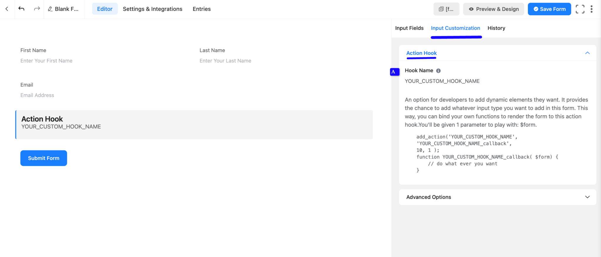 Action Hook Field in Fluent Forms - Fluent Forms