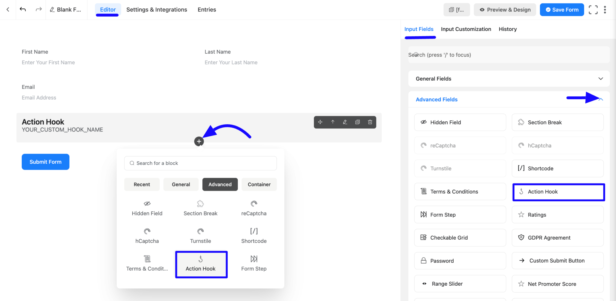 Action Hook Field in Fluent Forms - Fluent Forms