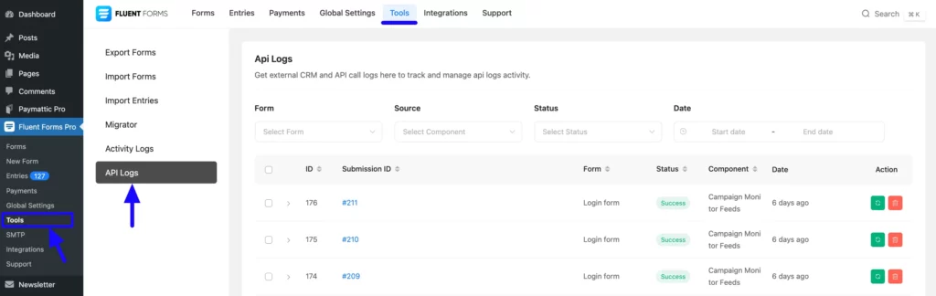 Fluent Form API Logs - Fluent Forms
